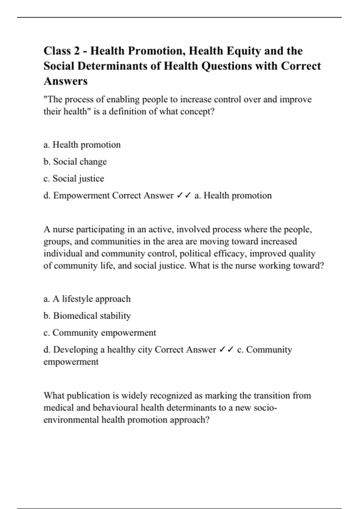 Class 2 - Health Promotion, Health Equity and the Social Determinants ...