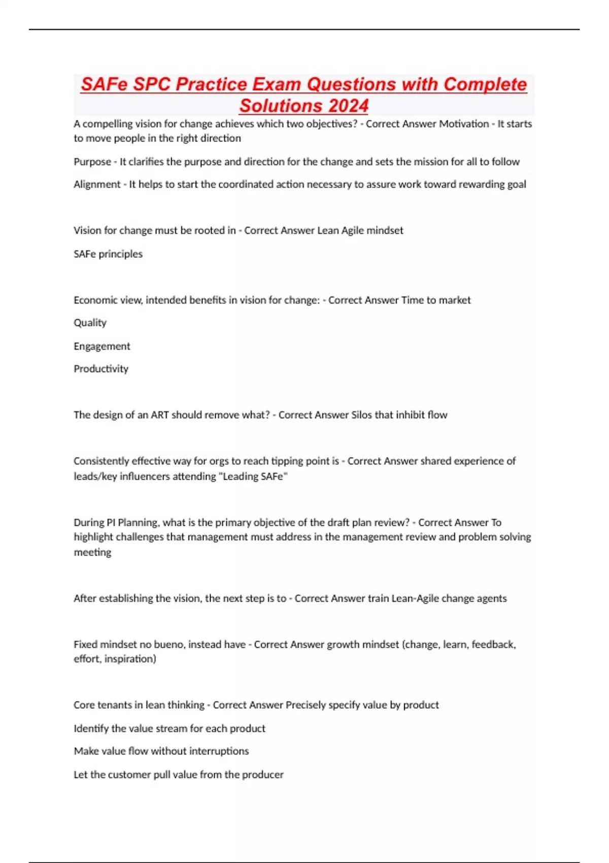 SAFe SPC Practice Exam Questions with Complete Solutions 2024 - Safe ...