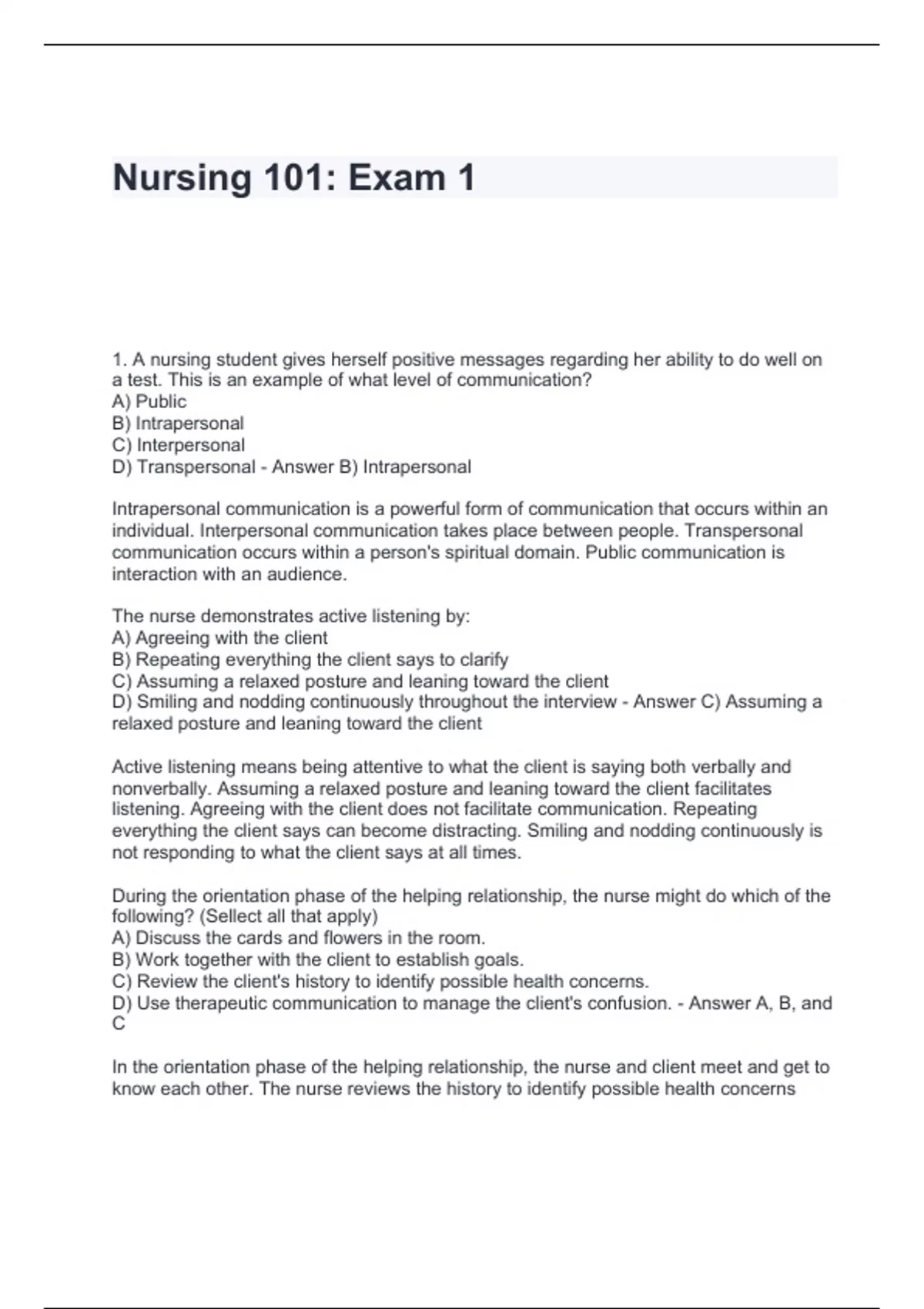 Nursing 101- Exam 1 Questions with Complete Questions and Answers ...