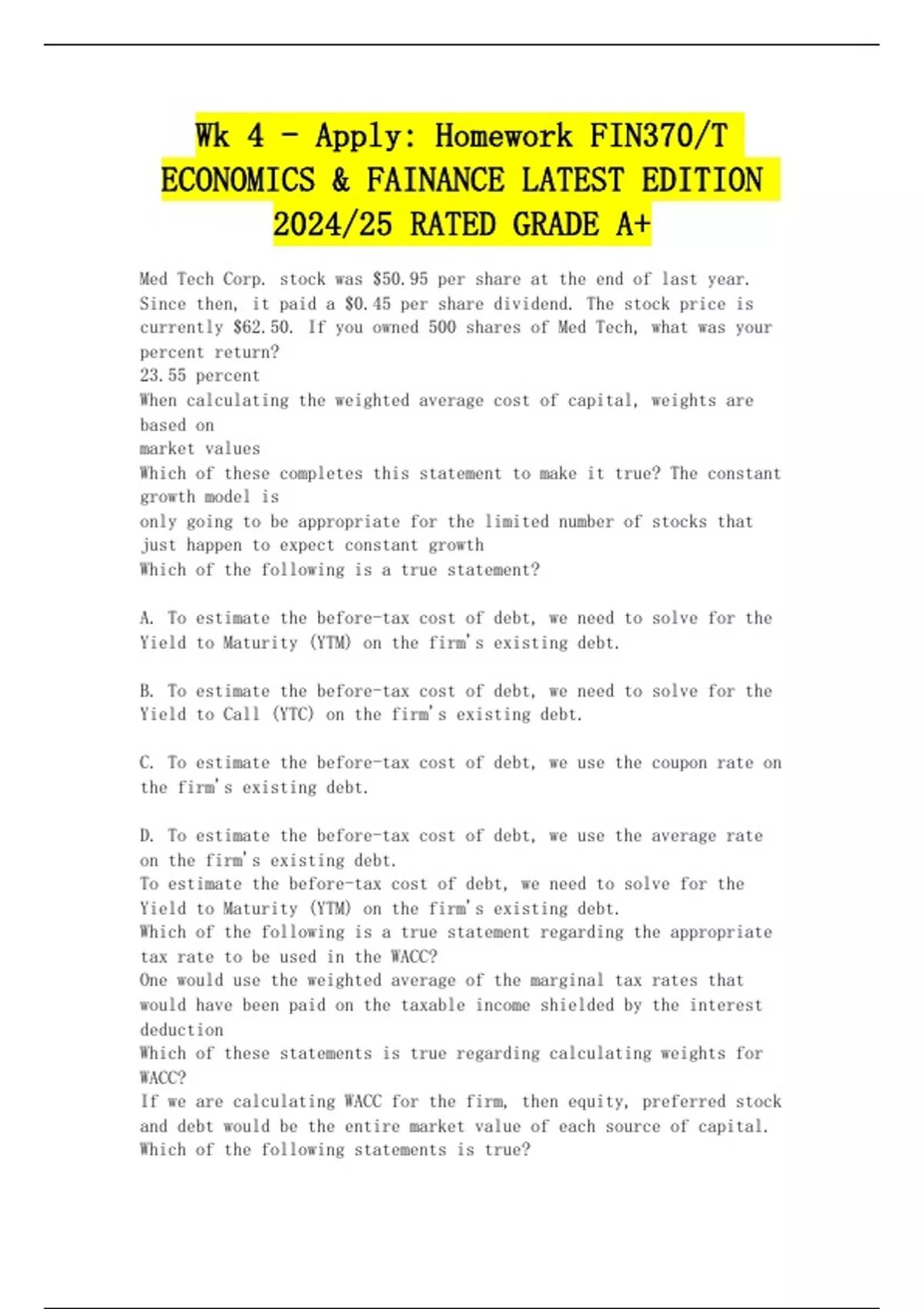 Wk 4 - Apply: Homework FIN370/T ECONOMICS & FAINANCE LATEST EDITION ...