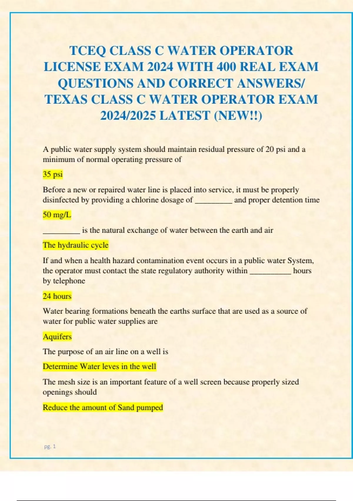 TCEQ CLASS C WATER OPERATOR LICENSE EXAM 2024 WITH 400 REAL EXAM QUESTIONS AND CORRECT ANSWERS ...
