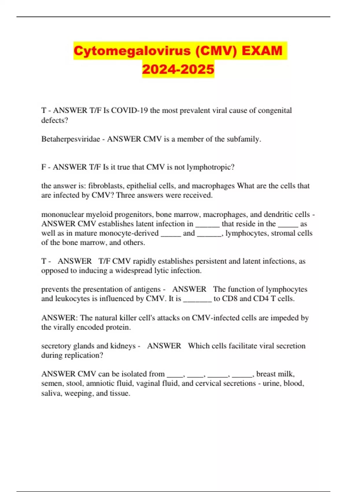 Cytomegalovirus (CMV) EXAM - Cytomegalovirus - Stuvia US