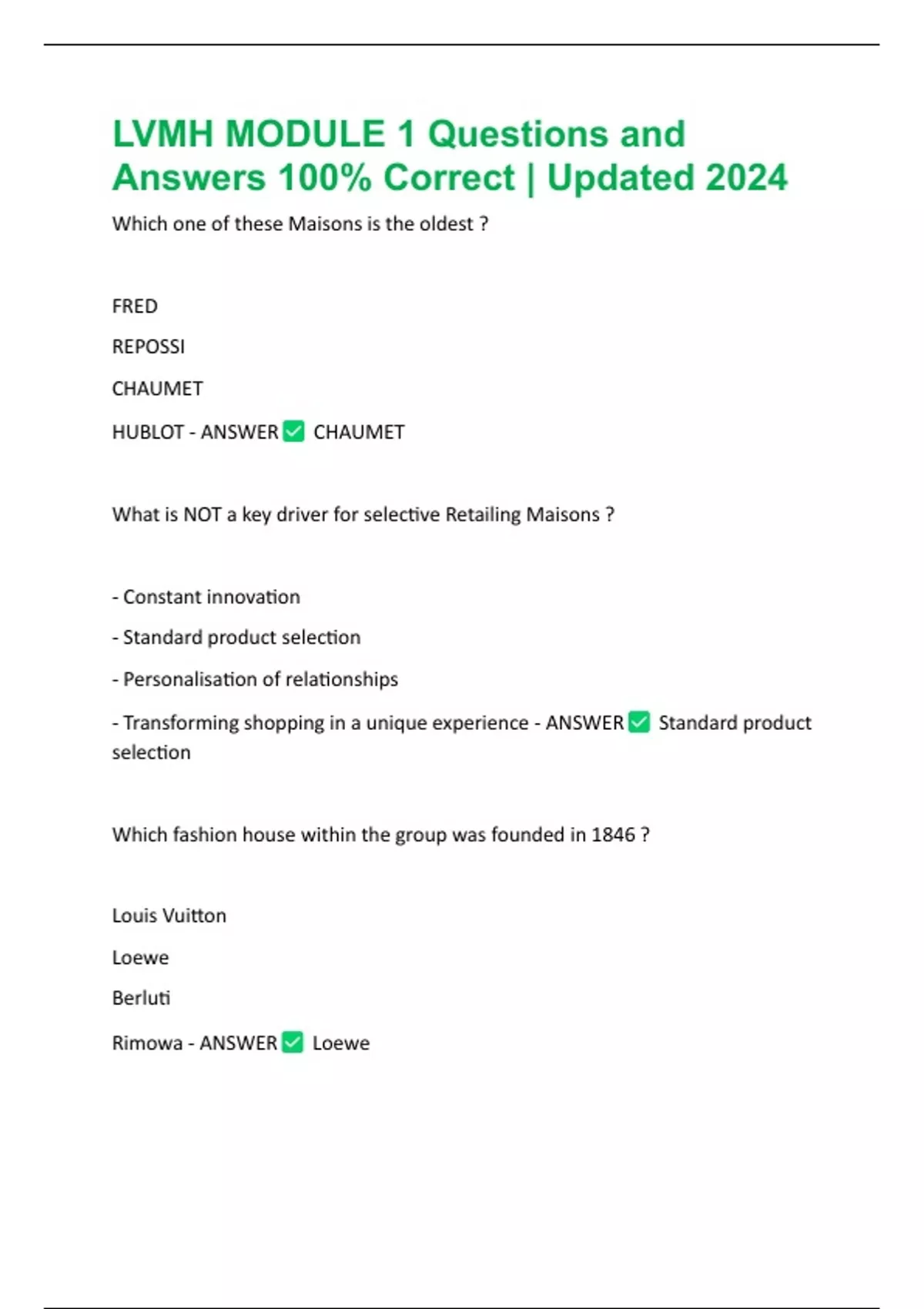 LVMH MODULE 1 Questions and Answers 100% Correct | Updated 2024 - Inside LVMH - Stuvia US