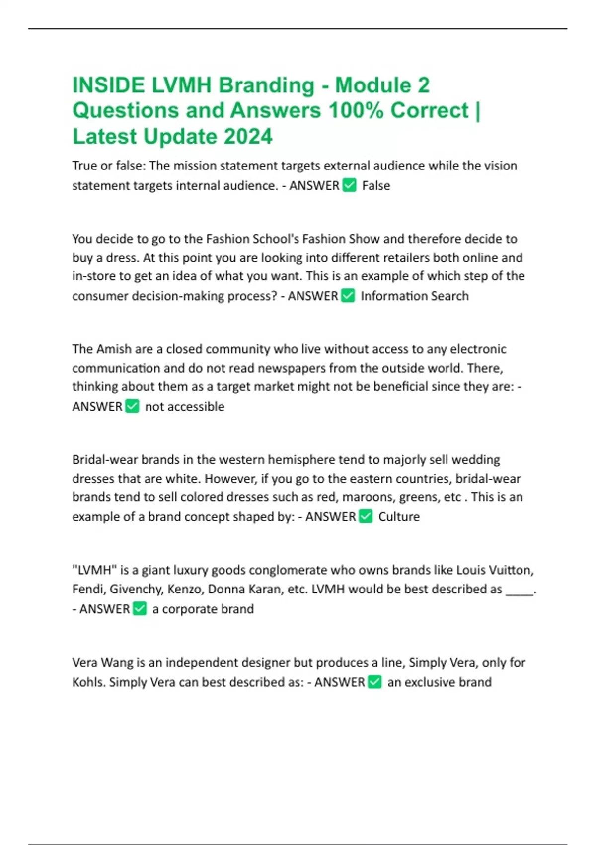 INSIDE LVMH Branding - Module 2 Questions and Answers 100% Correct ...