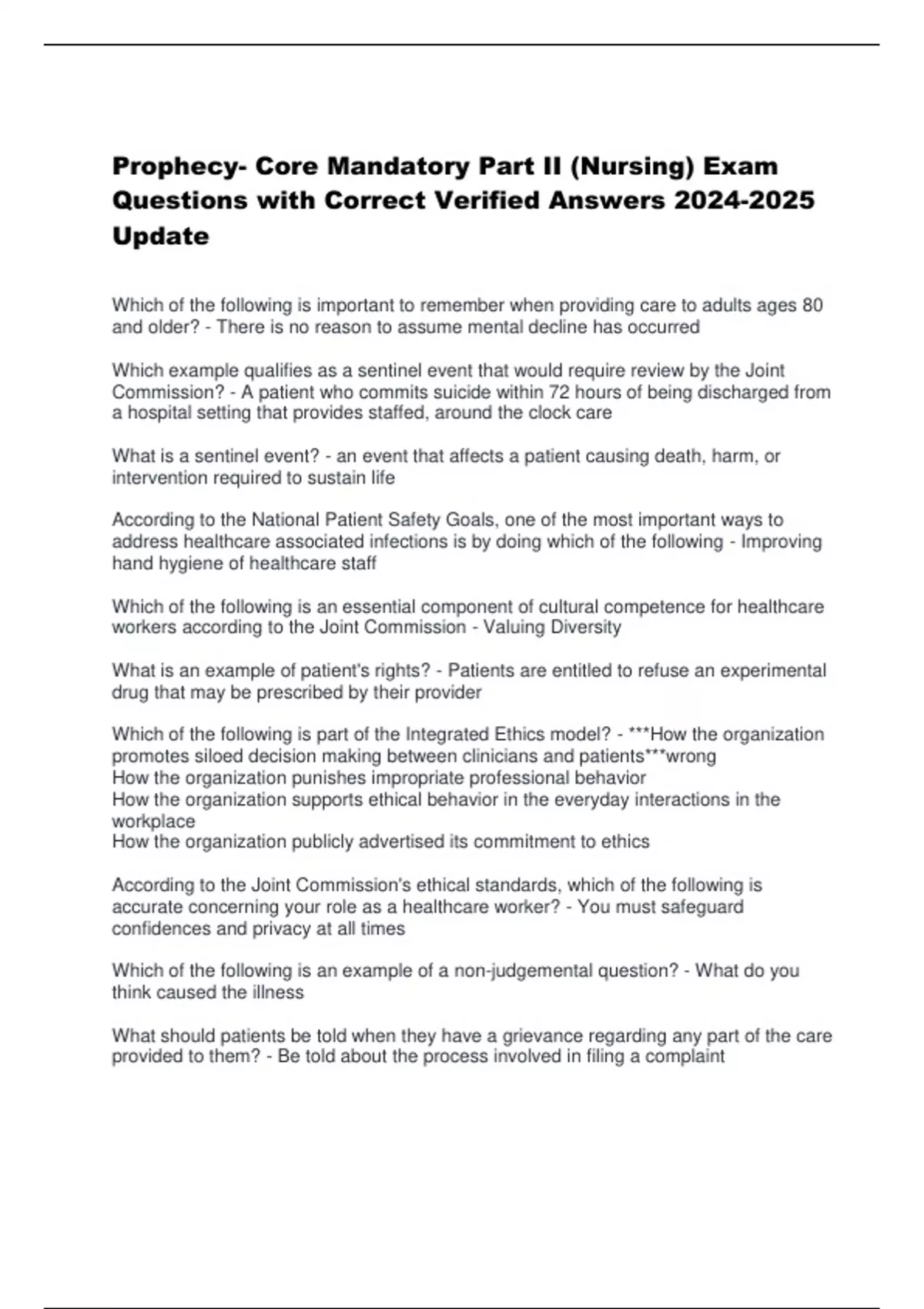 Prophecy- Core Mandatory Part II (Nursing) Exam Questions with Correct ...