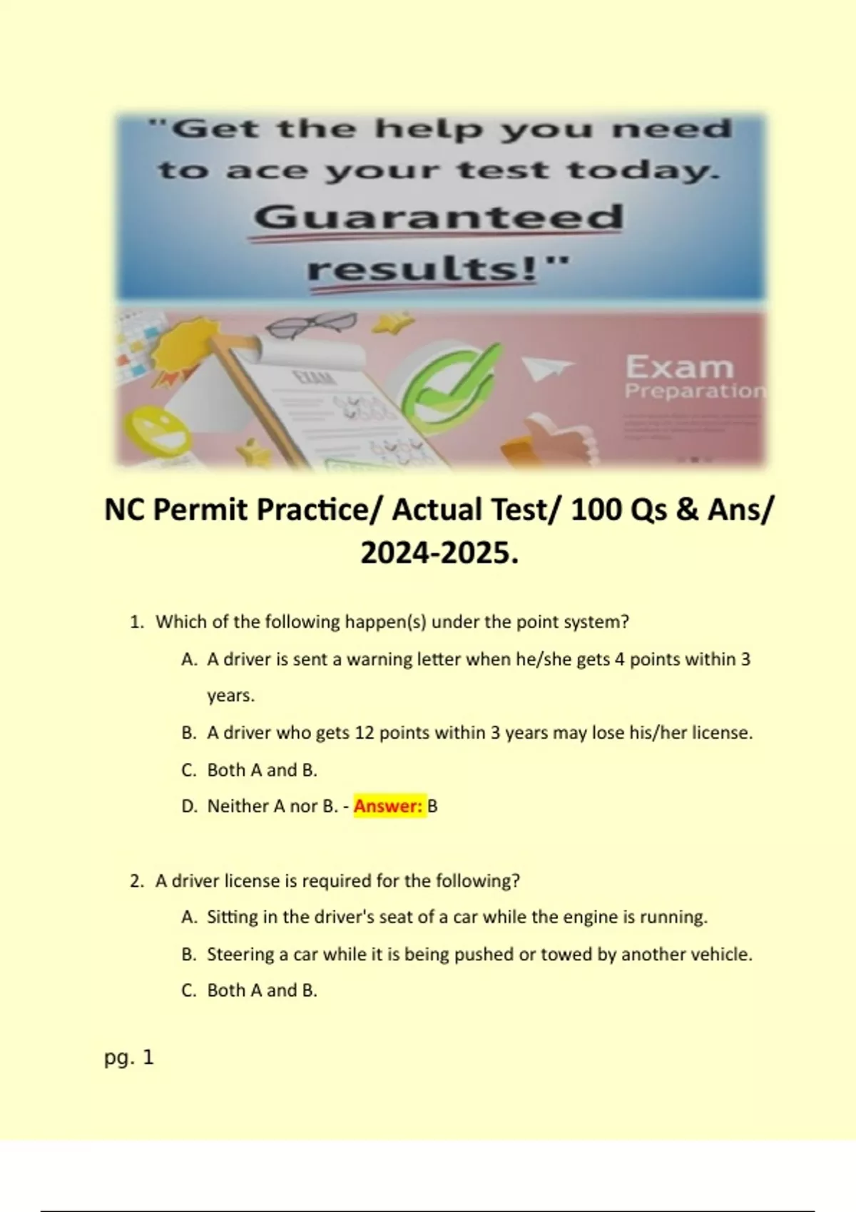 NC Permit Practice/ Actual Test/ 100 Qs & Ans/ . - NC Permit Practice ...