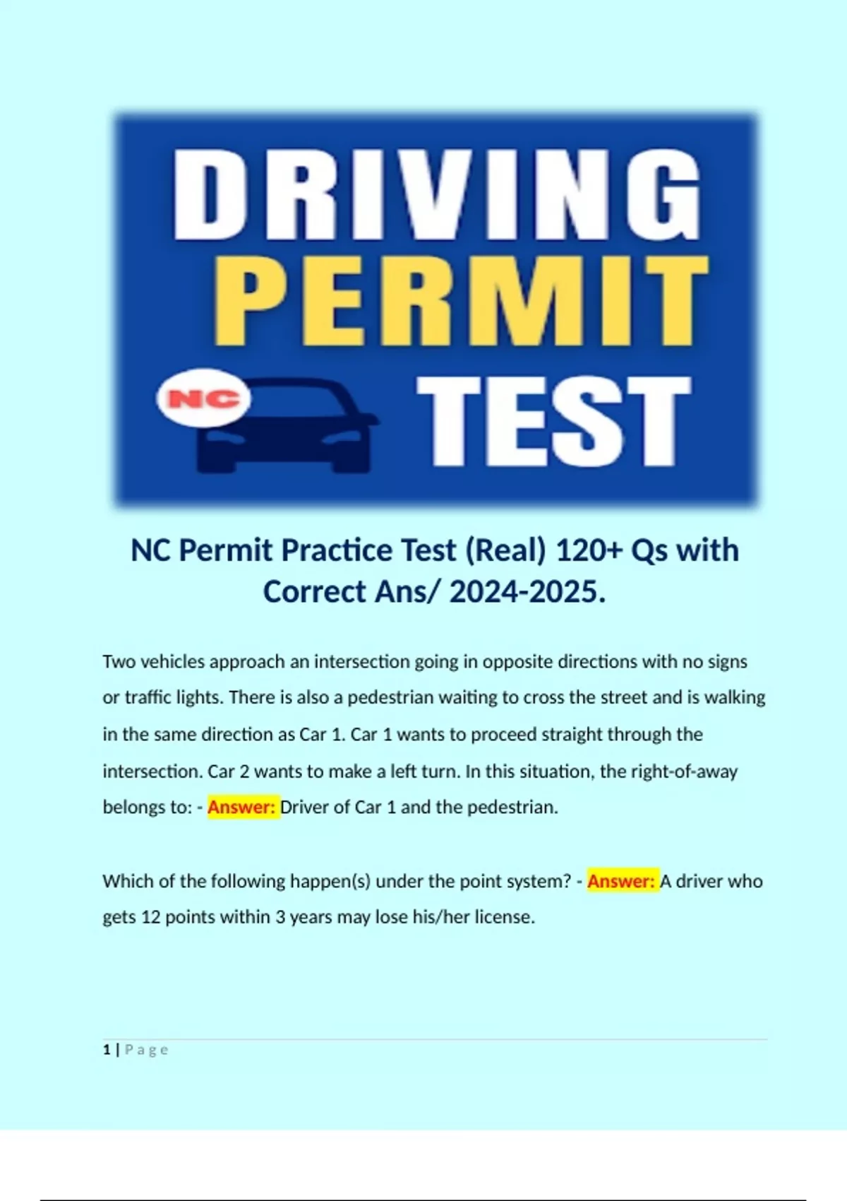 NC Permit Practice Test (Real) 120+ Qs with Correct Ans/ . - NC Permit ...