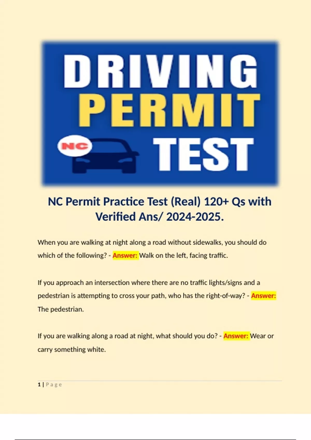 NC Permit Practice Test (Real) 120+ Qs with Verified Ans/ . - NC Permit ...