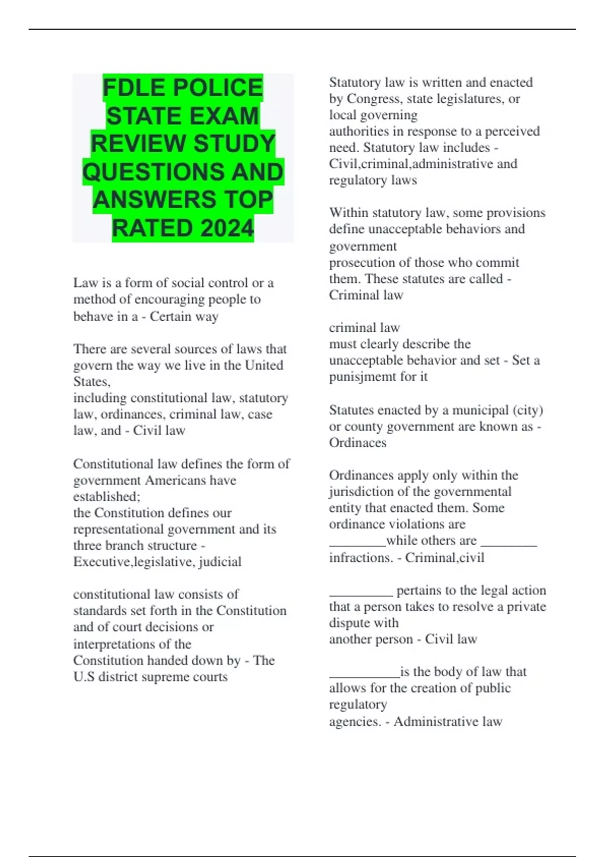 FDLE POLICE STATE EXAM REVIEW STUDY QUESTIONS AND ANSWERS TOP RATED ...
