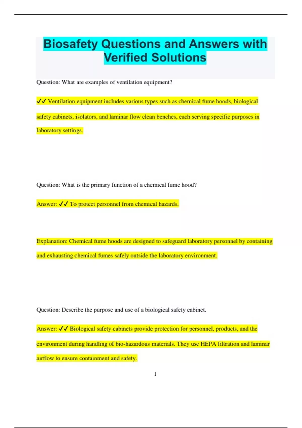 Biosafety Questions and Answers with Verified Solutions - Biosafety ...