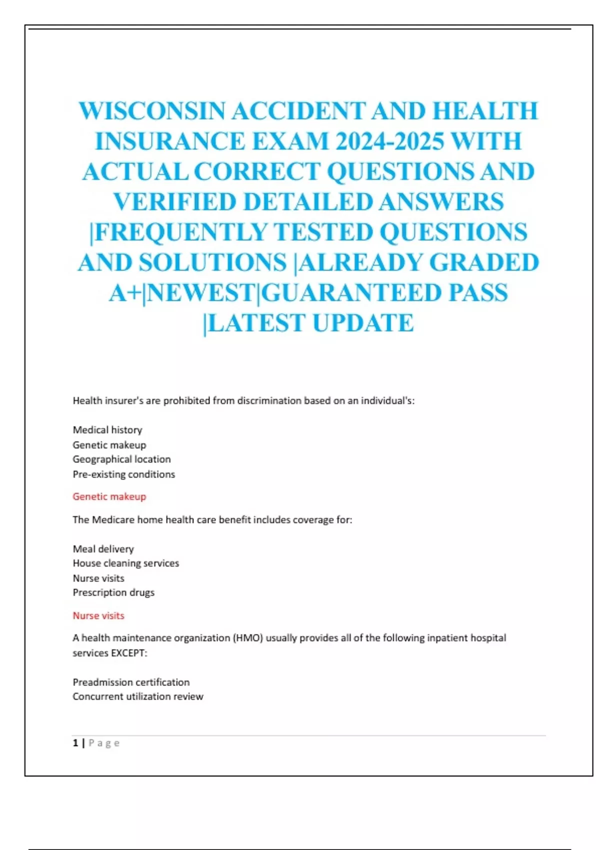 WISCONSIN ACCIDENT AND HEALTH INSURANCE EXAM WITH ACTUAL CORRECT ...