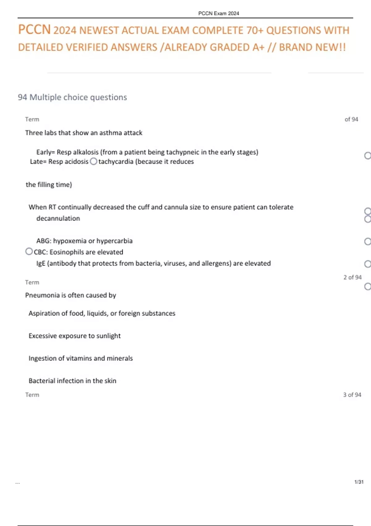 PCCN2024 NEWEST ACTUAL EXAM COMPLETE 70+ QUESTIONS WITH DETAILED ...