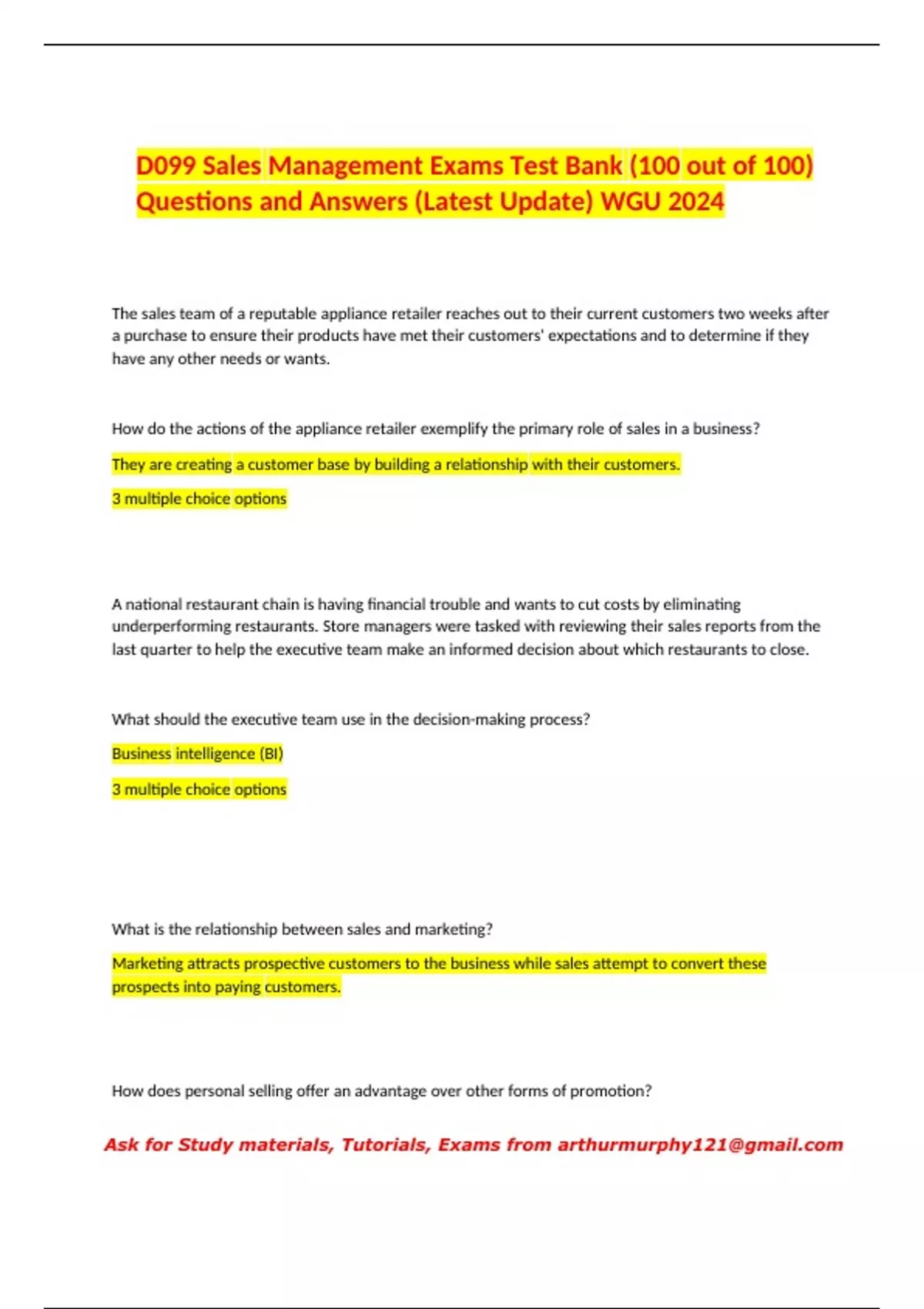 D099 Sales Management Exams Test Bank (100 out of 100) Questions and ...