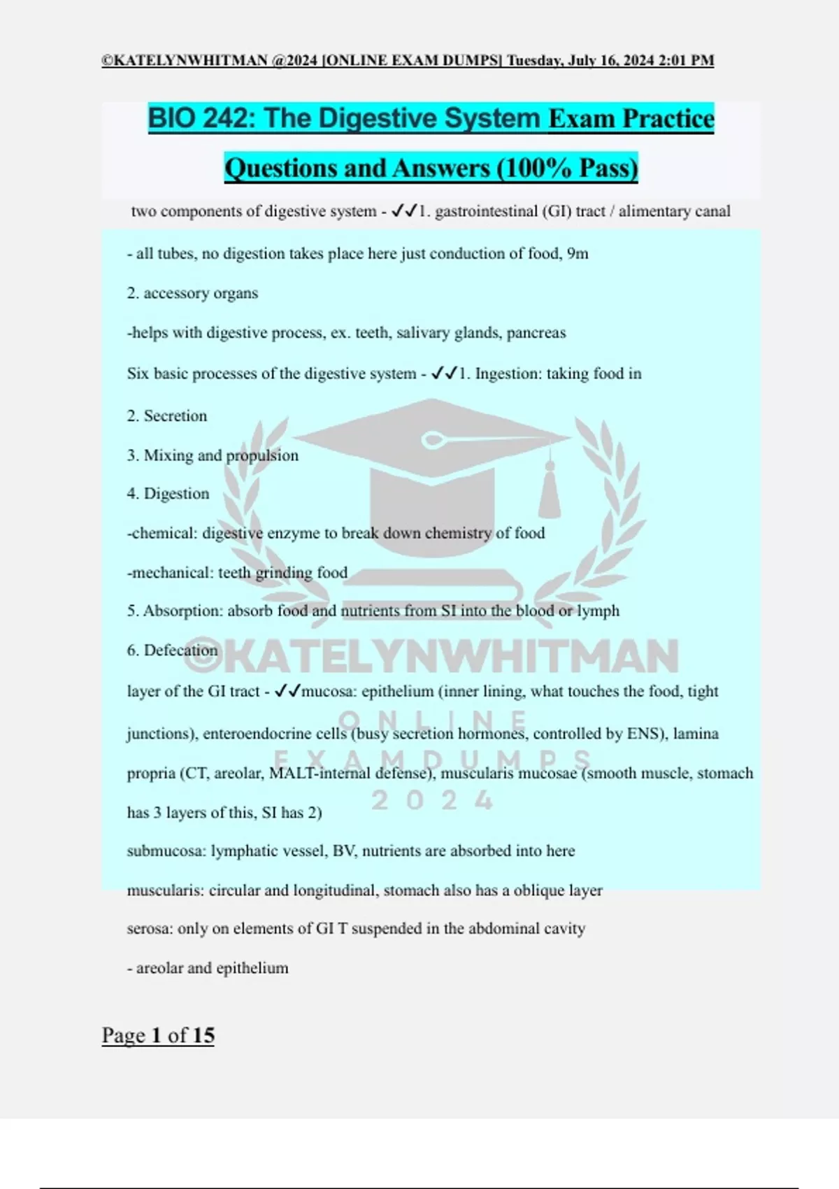BIO 242: The Digestive System Exam Practice Questions and Answers (100% ...