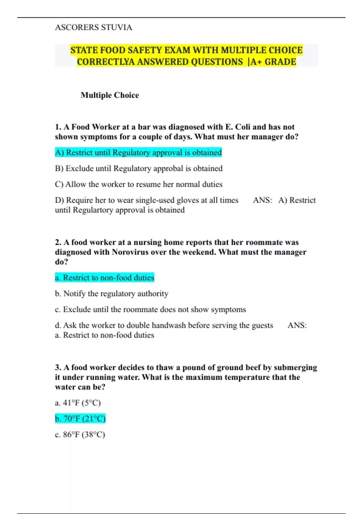 STATE FOOD SAFETY EXAM WITH MULTIPLE CHOICE CORRECTLY ANSWERED ...