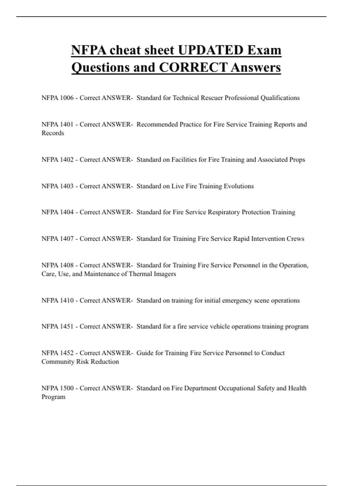 NFPA cheat sheet UPDATED Exam Questions and CORRECT Answers - NFPA ...