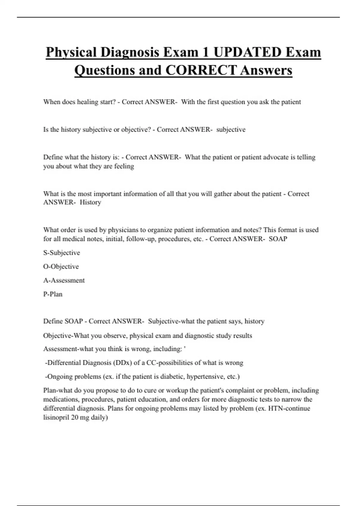 Physical Diagnosis Exam 1 UPDATED Exam Questions and CORRECT Answers ...