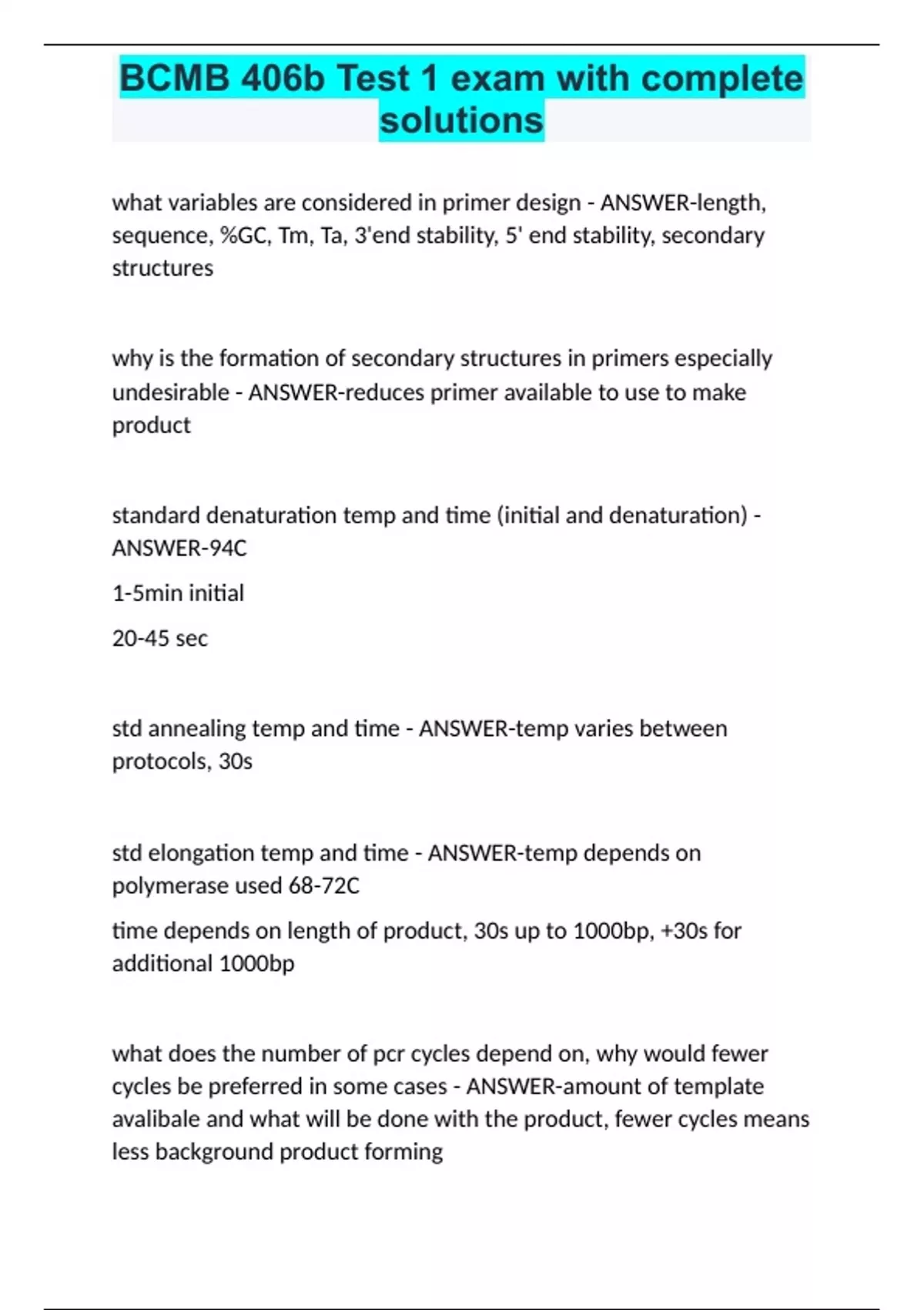 BCMB 406b Test 1 exam with complete solutions - BCMB - Stuvia US