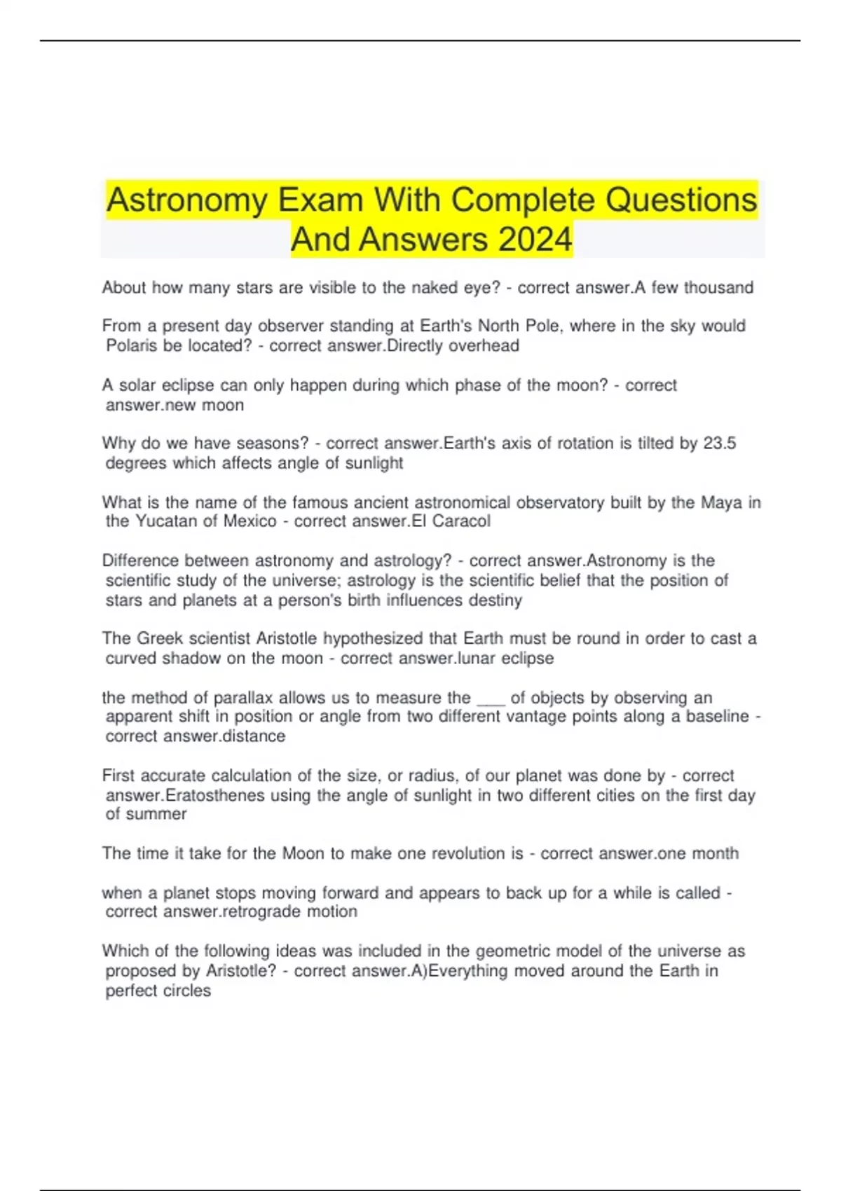 Astronomy Exam With Complete Questions And Answers 2024 - Astronomy ...