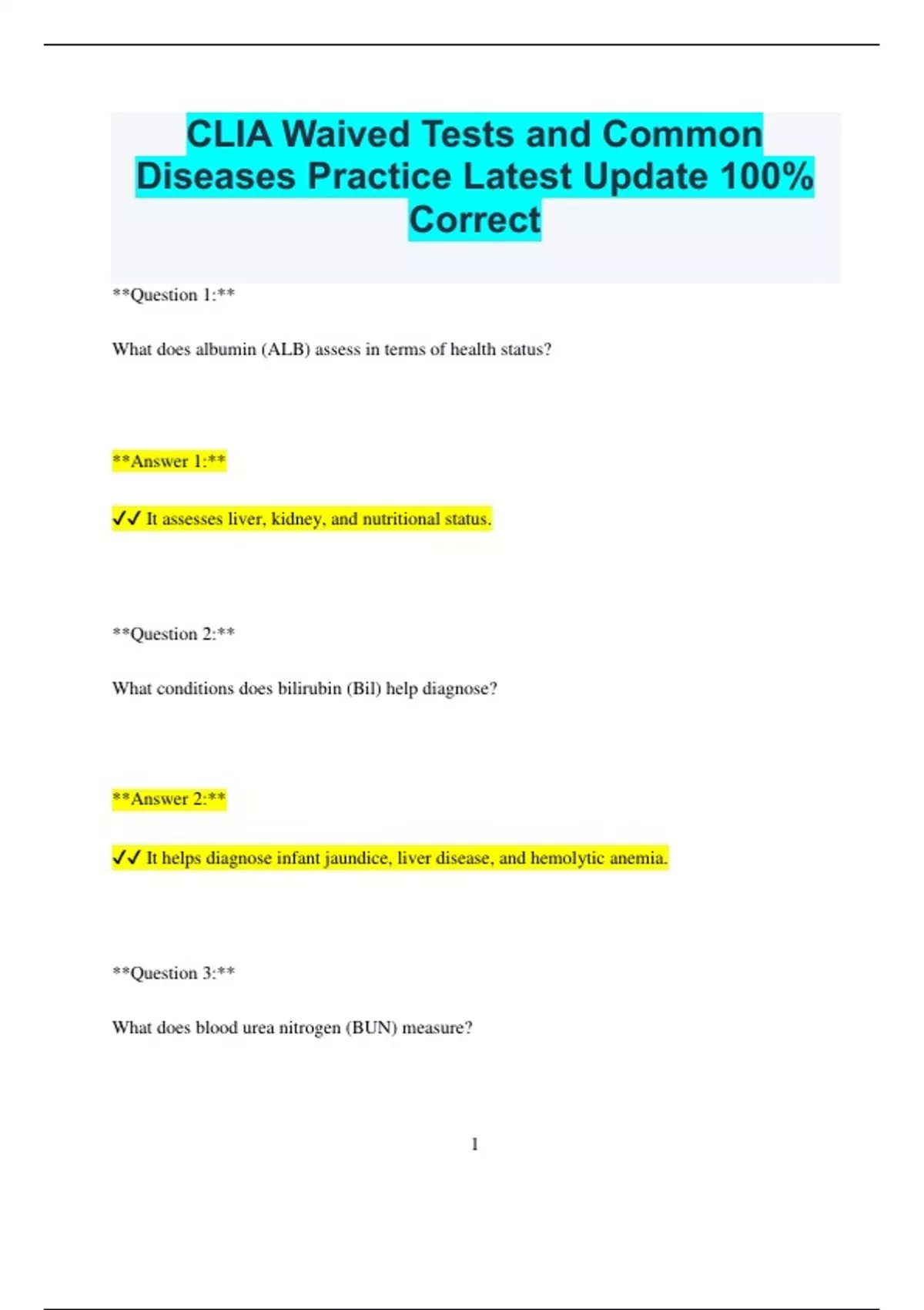 CLIA Waived Tests and Common Diseases Practice Latest Update 100% ...
