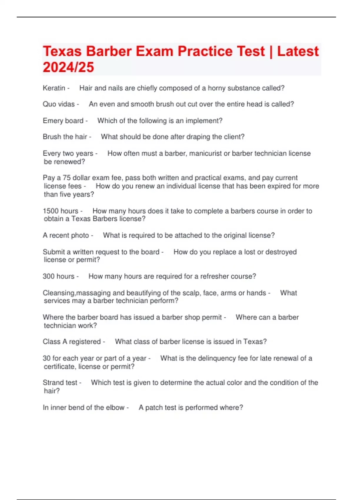 Texas Barber Exam Practice Test | Latest 2024/25 - Texas Barber - Stuvia US