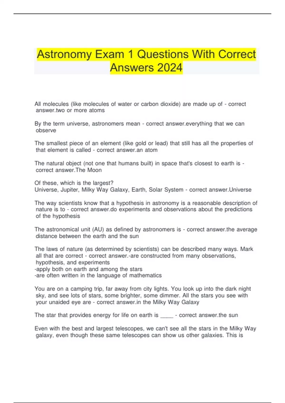Astronomy Exam 1 Questions With Correct Answers 2024 - Astronomy ...
