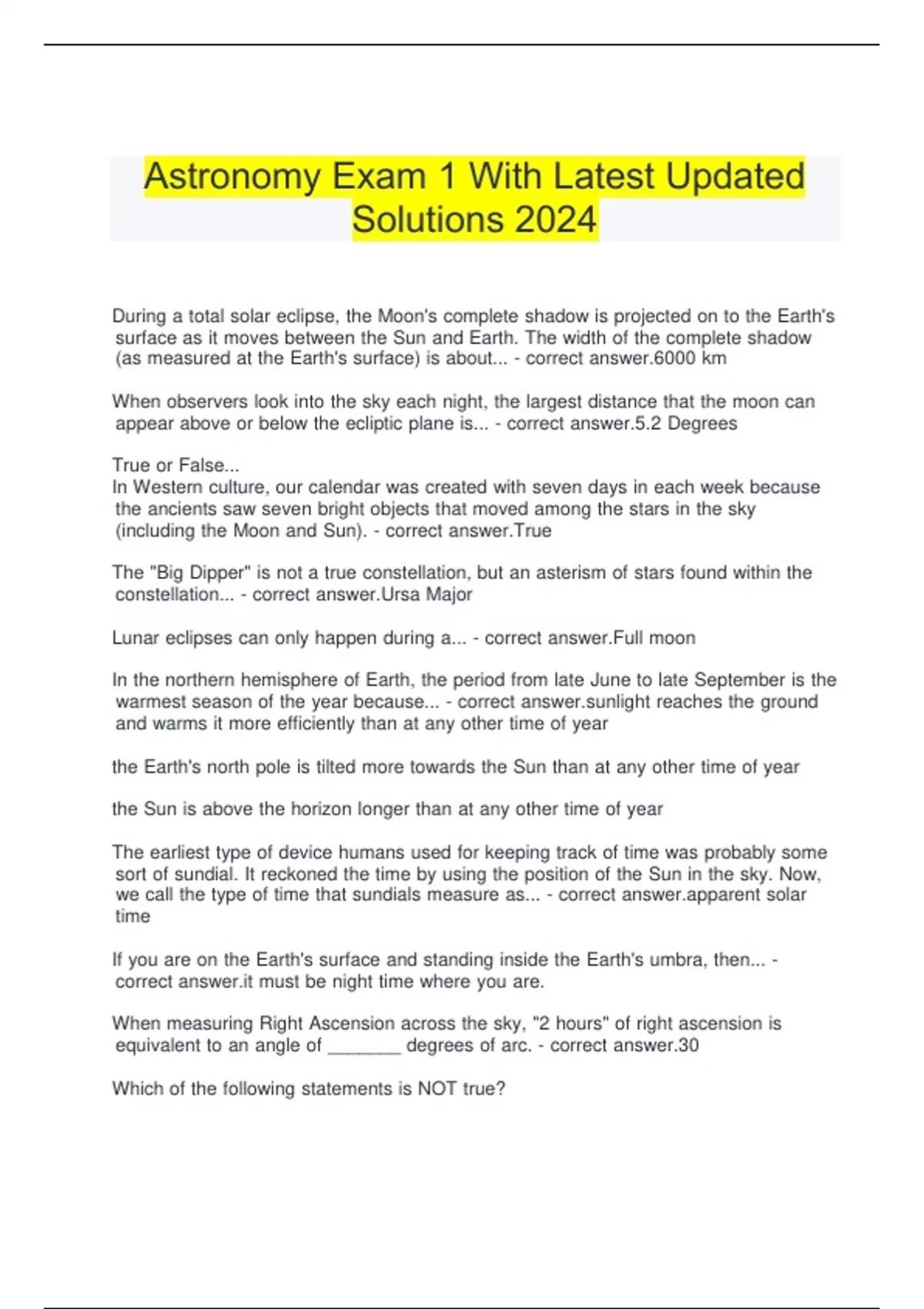 Astronomy Exam 1 With Latest Updated Solutions 2024 - Astronomy - Stuvia US