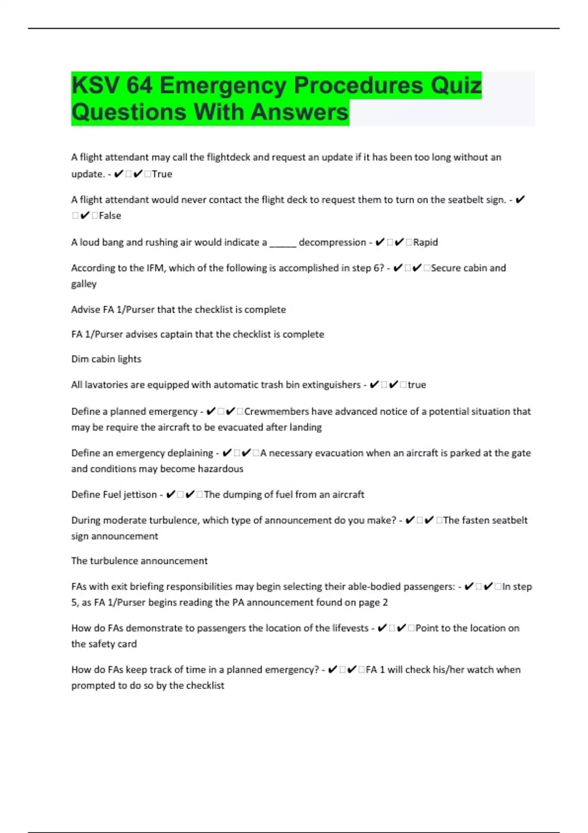 KSV 64 Emergency Procedures Quiz Questions With Answers - KSV Emergency ...