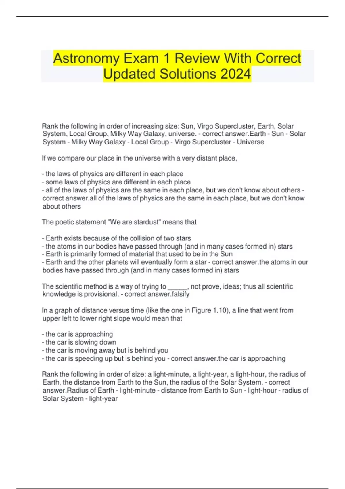Astronomy Exam 1 Review With Correct Updated Solutions 2024 - Astronomy ...