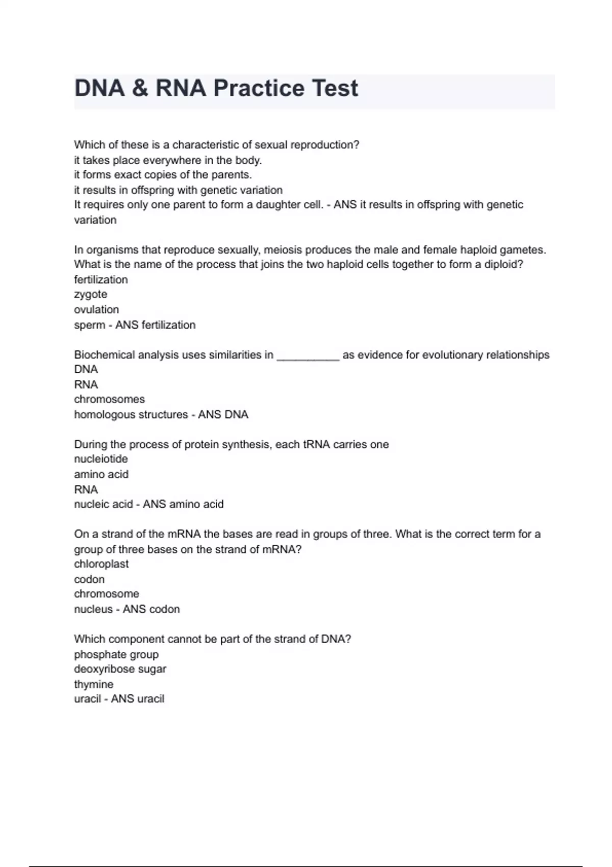 DNA & RNA Practice Test Exam 2024/2025 Questions With Completed ...