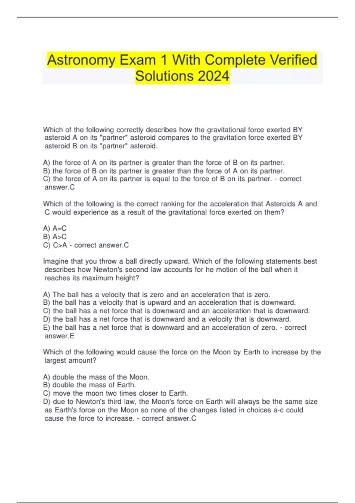 Astronomy Exam 1 With Complete Verified Solutions 2024 - Astronomy ...