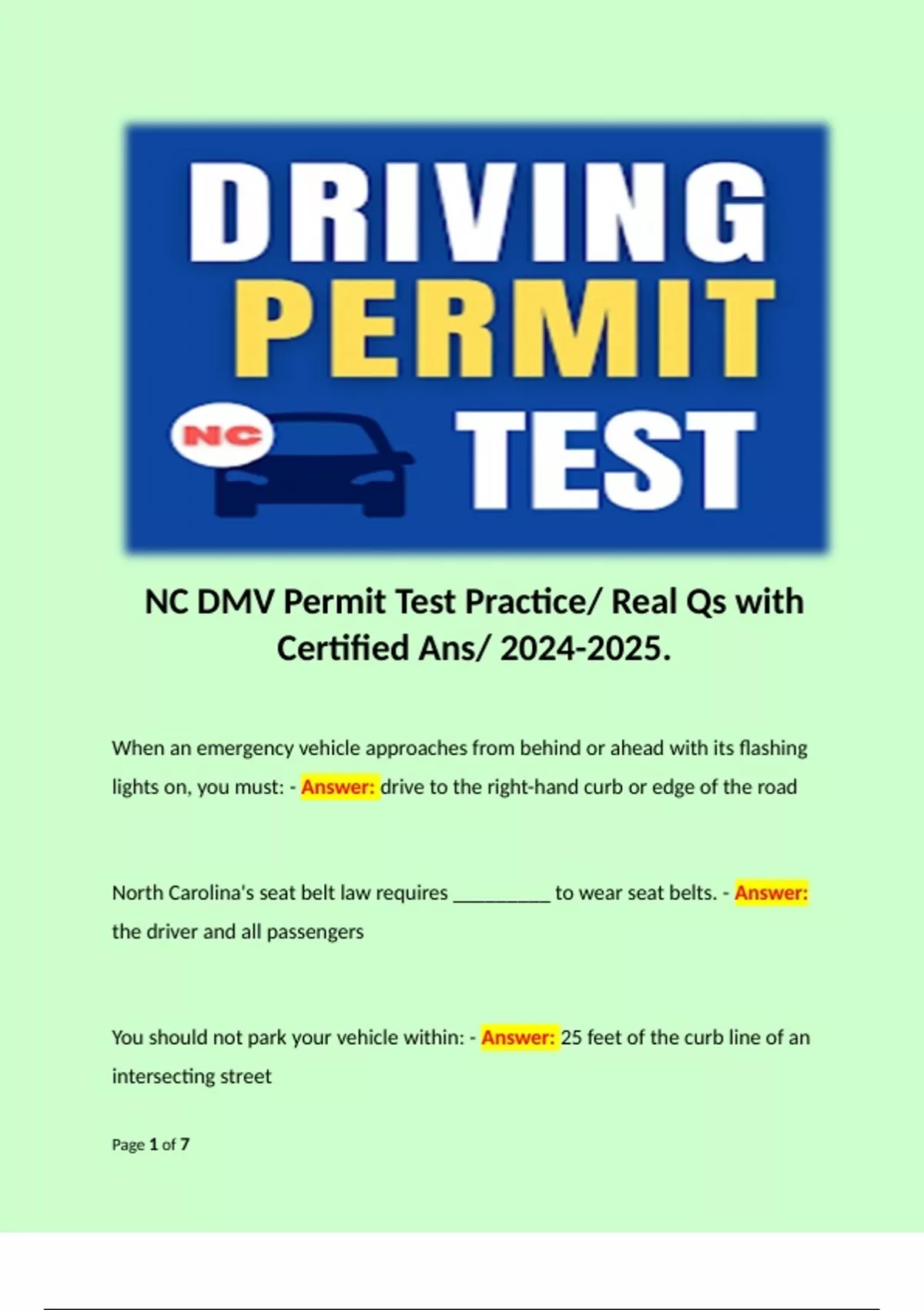 NC DMV Permit Test Practice/ Real Qs with Certified Ans/ . - NC DMV ...