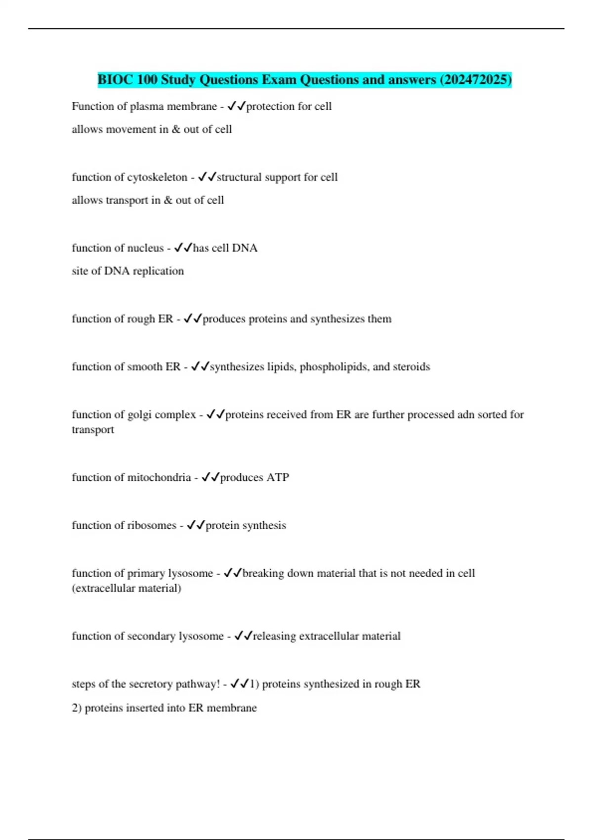 BIOC 100 Study Questions Exam Questions and answers () - BIOC 100 ...