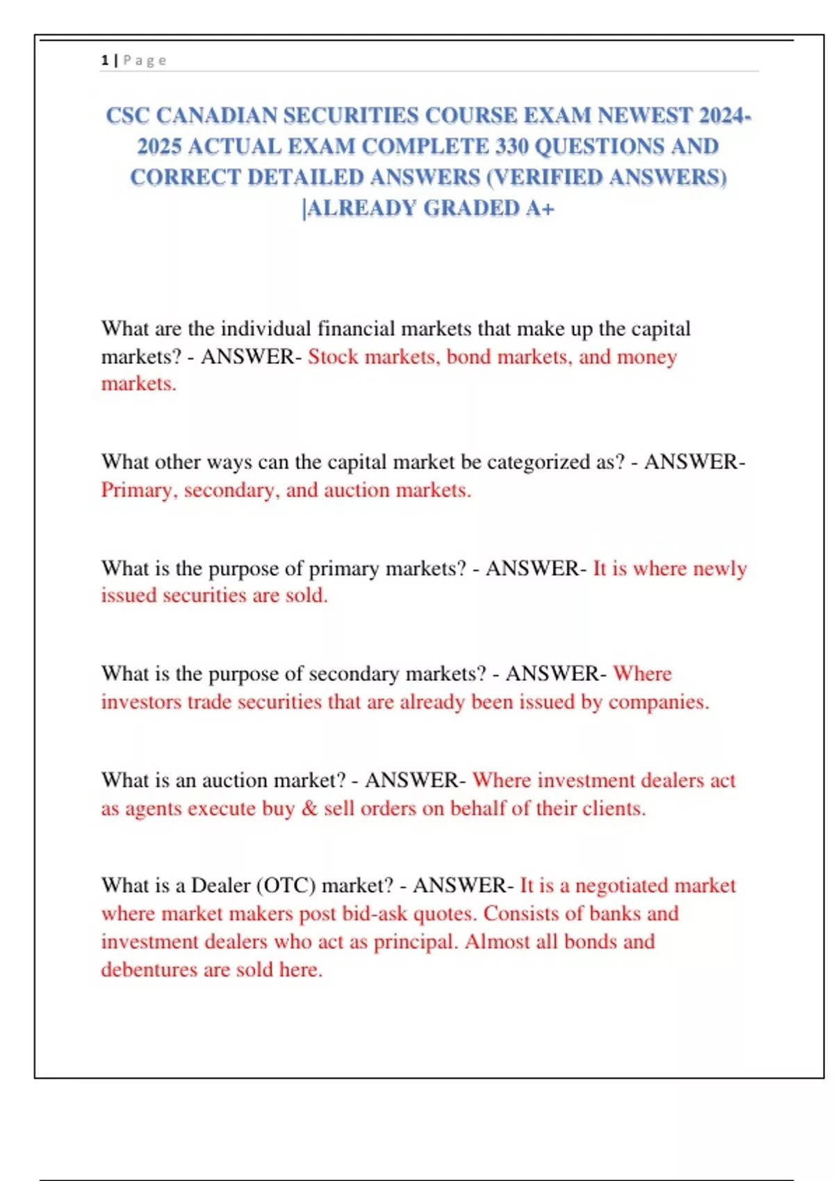 CSC CANADIAN SECURITIES COURSE EXAM NEWEST ACTUAL EXAM COMPLETE 330 QUESTIONS AND CORRECT ...