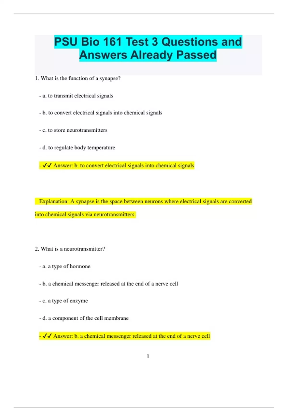 PSU Bio 161 Test 3 Questions and Answers Already Passed - PSU Bio 161 ...