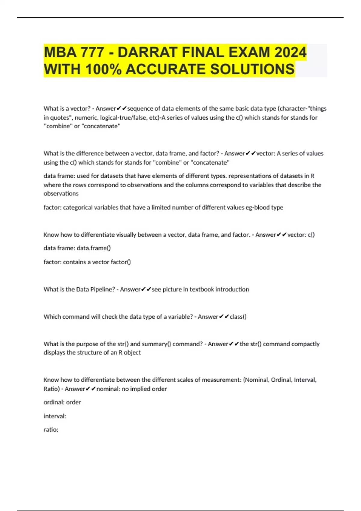 MBA 777 - DARRAT FINAL EXAM 2024 WITH 100% ACCURATE SOLUTIONS - MBA 777 ...