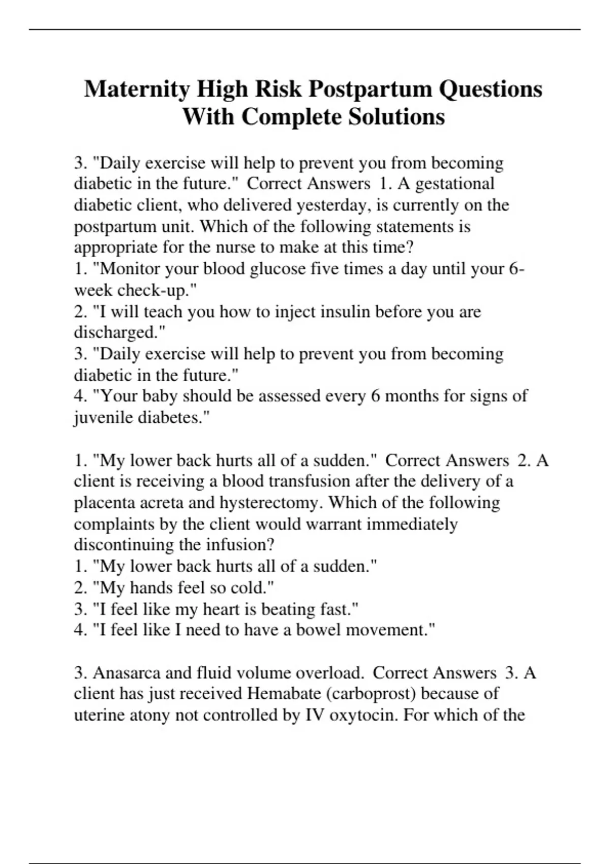 Maternity High Risk Postpartum Questions With Complete Solutions ...