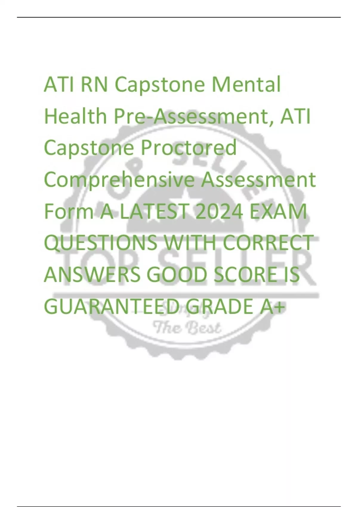 ATI RN Capstone Mental Health Pre-Assessment, ATI Capstone Proctored ...