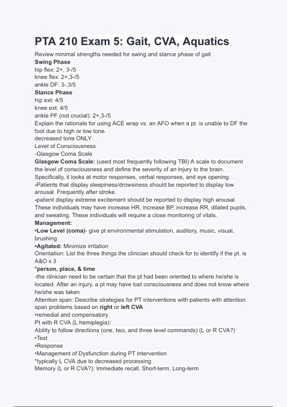 PTA 210 Exam 5: Gait, CVA, Aquatics Latest update 2024 with Complete ...