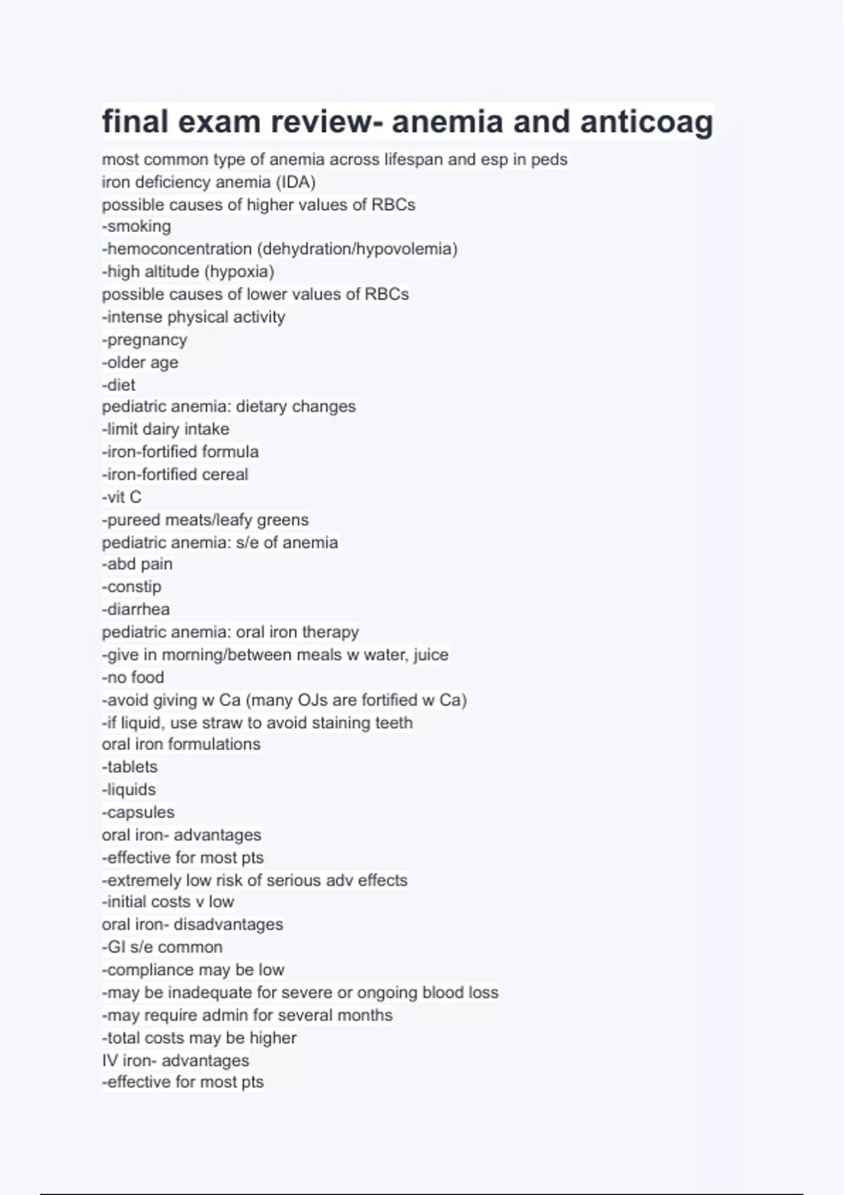 final exam review- anemia and anticoag - Latest update 2024 with ...