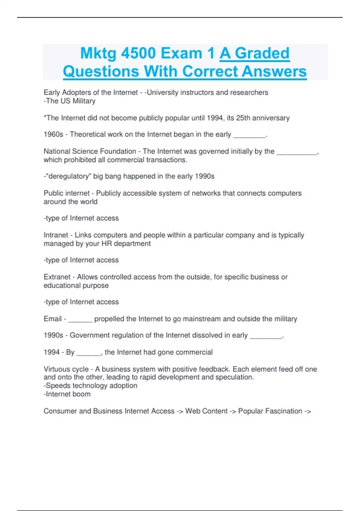 Mktg 4500 Exam 1 A Graded Questions With Correct Answers - MKTG 4500 - Stuvia US