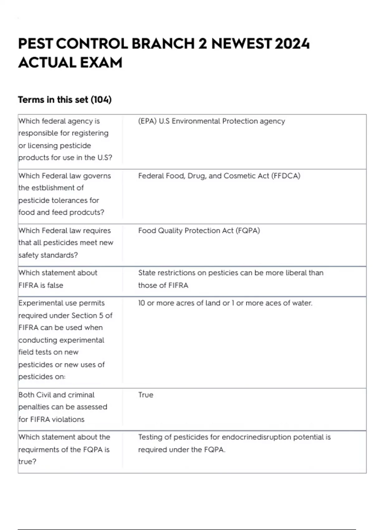 PEST CONTROL BRANCH 2 NEWEST 2024 ACTUAL EXAM COMPLETE 2 LATEST ...