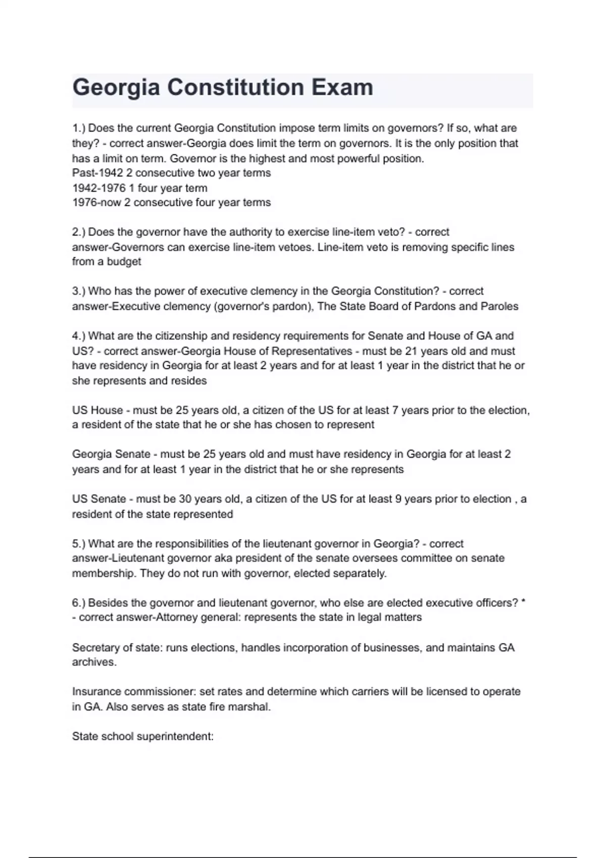 Georgia Constitution Exam Questions and answers - UGA Constitution ...