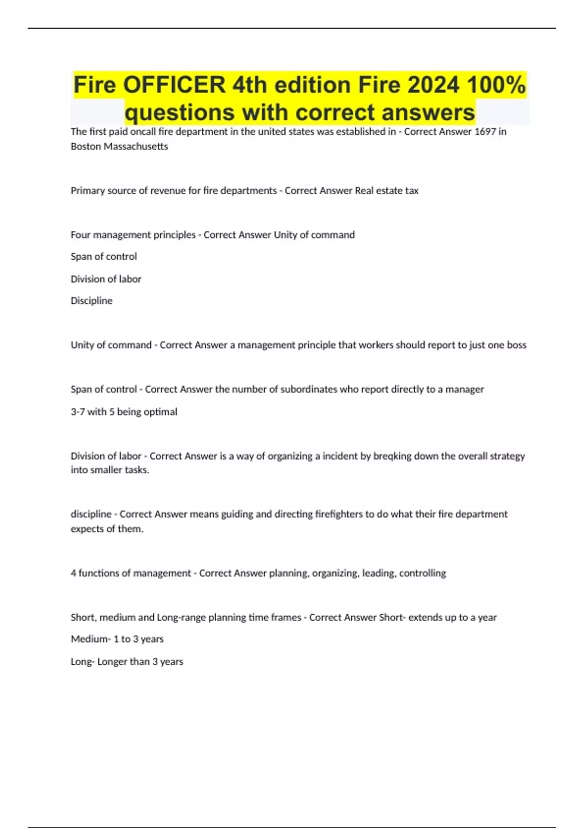 Fire OFFICER 4th edition Fire 2024 100% questions with correct answers ...