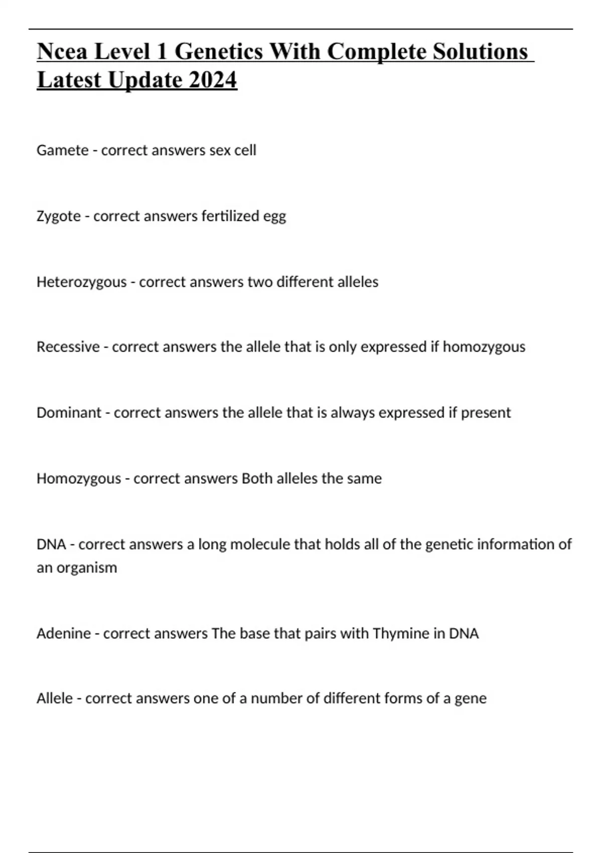 Ncea Level 1 Genetics With Complete Solutions Latest Update 2024 ...