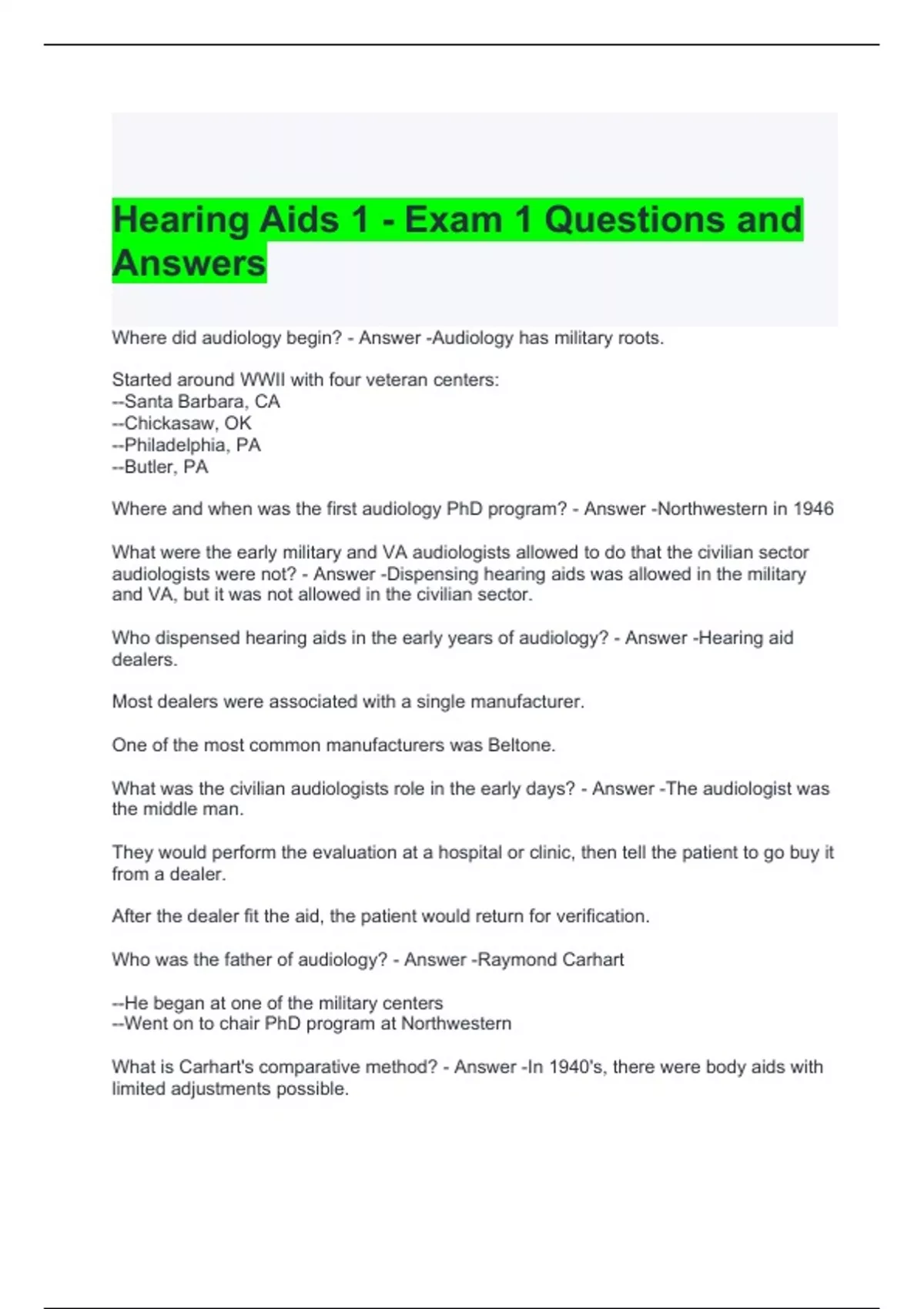 Hearing Aids 1 - Exam 1 Questions and Answers - Hearing aid dispenser ...