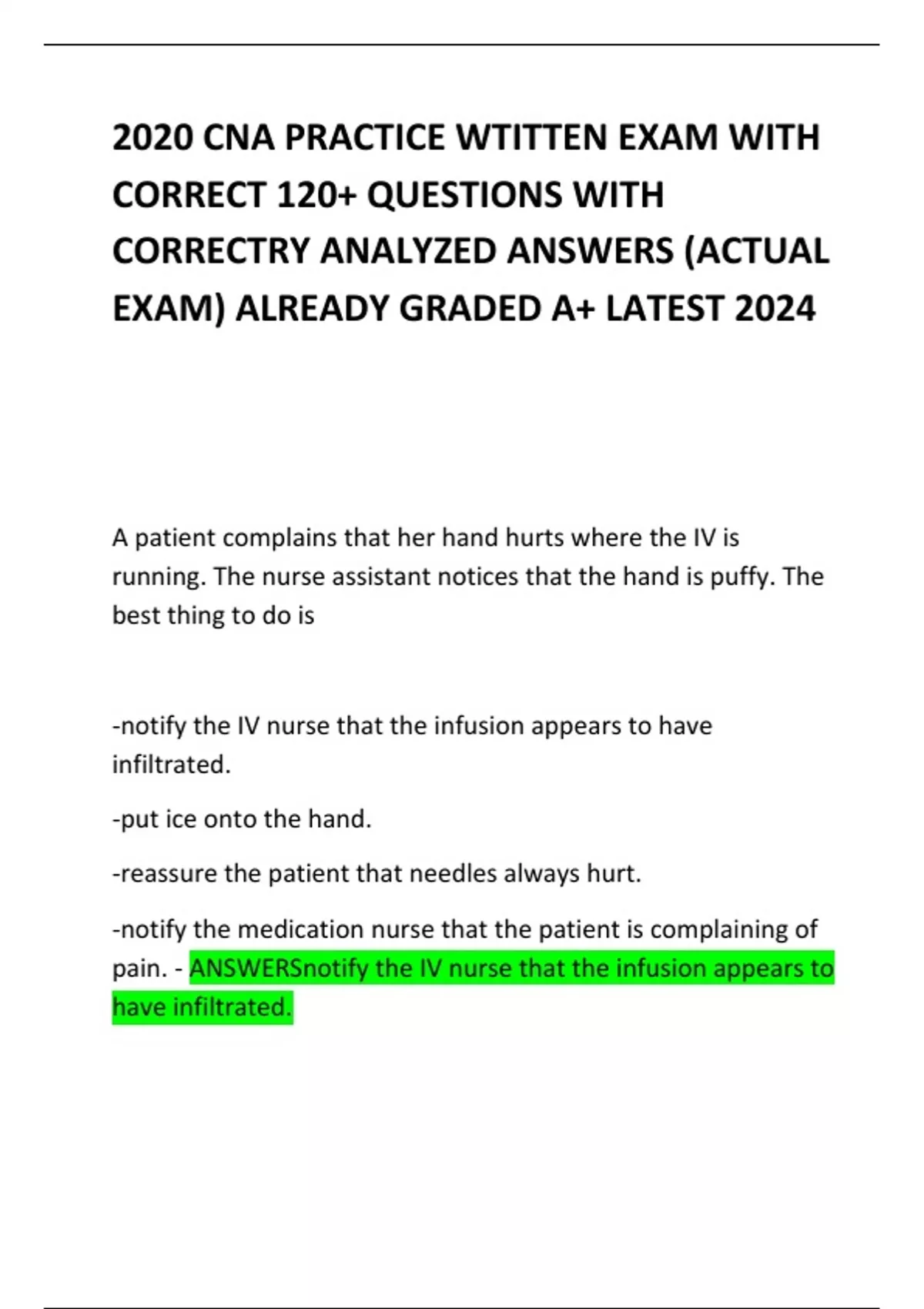 2020 CNA PRACTICE WTITTEN EXAM WITH CORRECT 120+ QUESTIONS WITH CORRECTRY ANALYZED ANSWERS ...