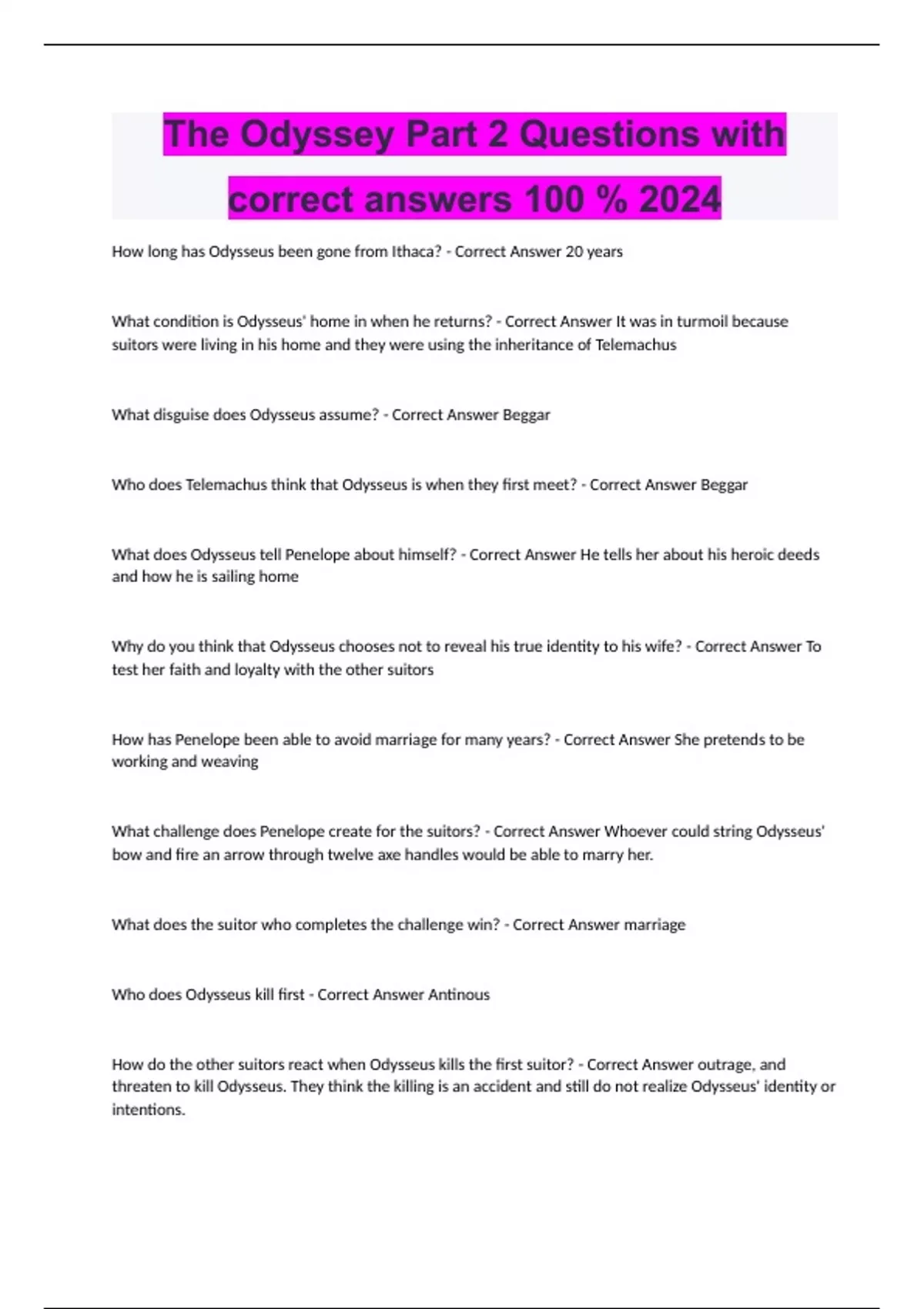 The Odyssey Part 2 Questions with correct answers 100 % 2024 - AQA GCSE ...