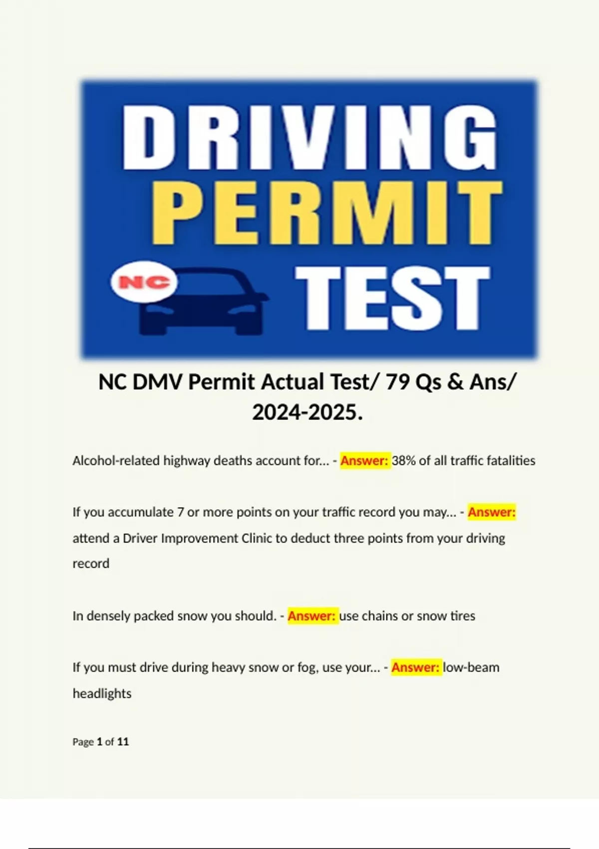 NC DMV Permit Actual Test/ 79 Qs & Ans/ . - NC DMV Permit - Stuvia US