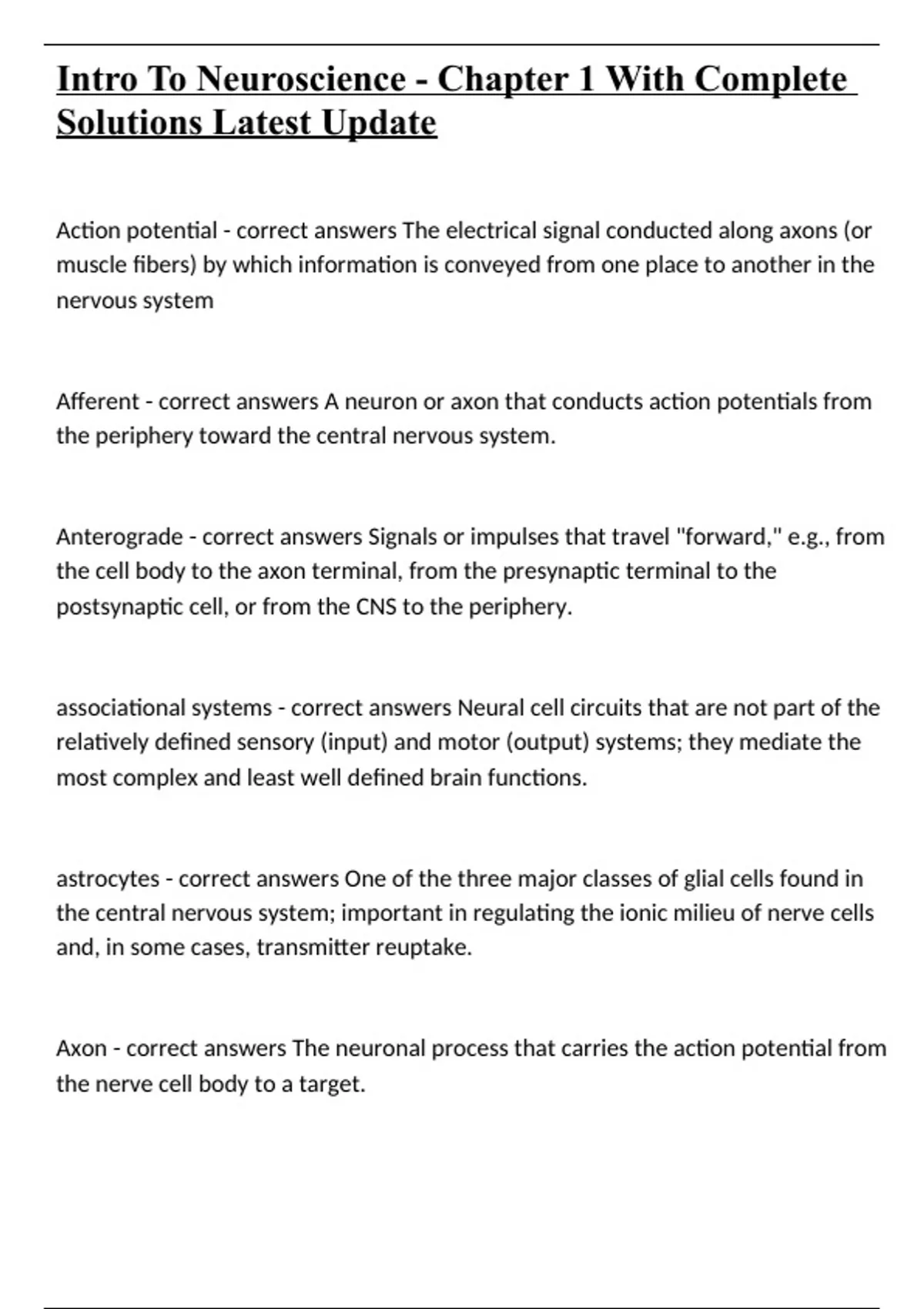 Intro To Neuroscience Chapter 1 With Complete Solutions Latest Update Neuroscience Stuvia Us
